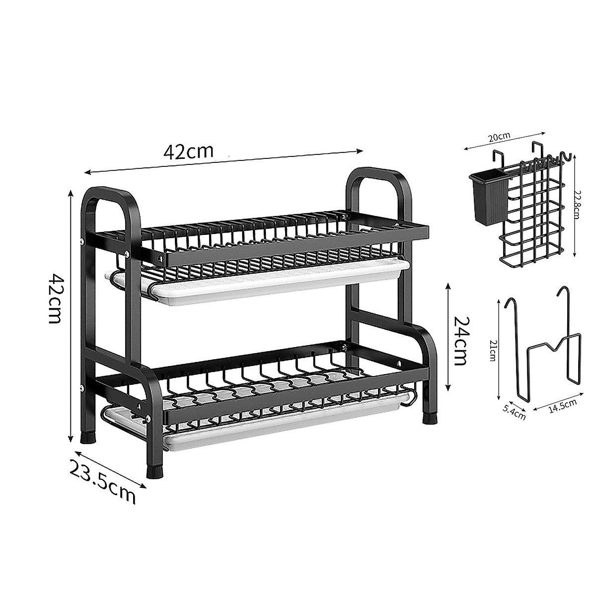 Dish Drying Rack, Rustproof 2-Tier Dish Rack -Multifunctional Dish Rack with Utensil Holder, Cutting Board Holder and Dish Drainer for Kitchen Counter (Black)