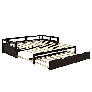 RUNWON Extendable Daybed with Trundle,Wooden Platform Sofa Bedframe Space Saving Twin to King Size Extend Bed Furniture for Bedroom Living Room