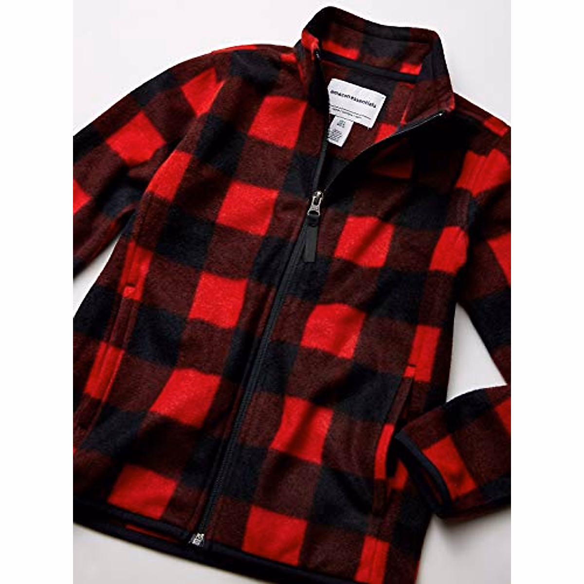 Amazon Essentials Men's Polar Fleece Full-Zip Mock Jacket, Black Red Buffalo Check, Small