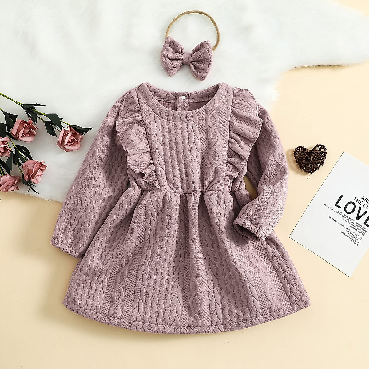 Baby Girl Knit Dress Long Sleeves Sweater Dress Toddler Fall Winter Outfits with Bowtie (Pink, 6-12 Months)