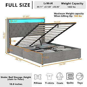 Loomie Full Lift Up Bed Frame with Charging Station & LED Lights, Upholstered Bed with Button Tufted Wingback Storage Headboard, Hydraulic Storage, No Box Spring Needed, Wood Slats Support,Light Grey