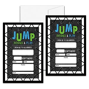 Jump Birthday Party Invitation, Bounce House Themed Fill-In Invites, 20 Invitations With Envelopes for Adults Men & Women (4" X 6"), Trampoline Party Favors Decorations and Supplies -44