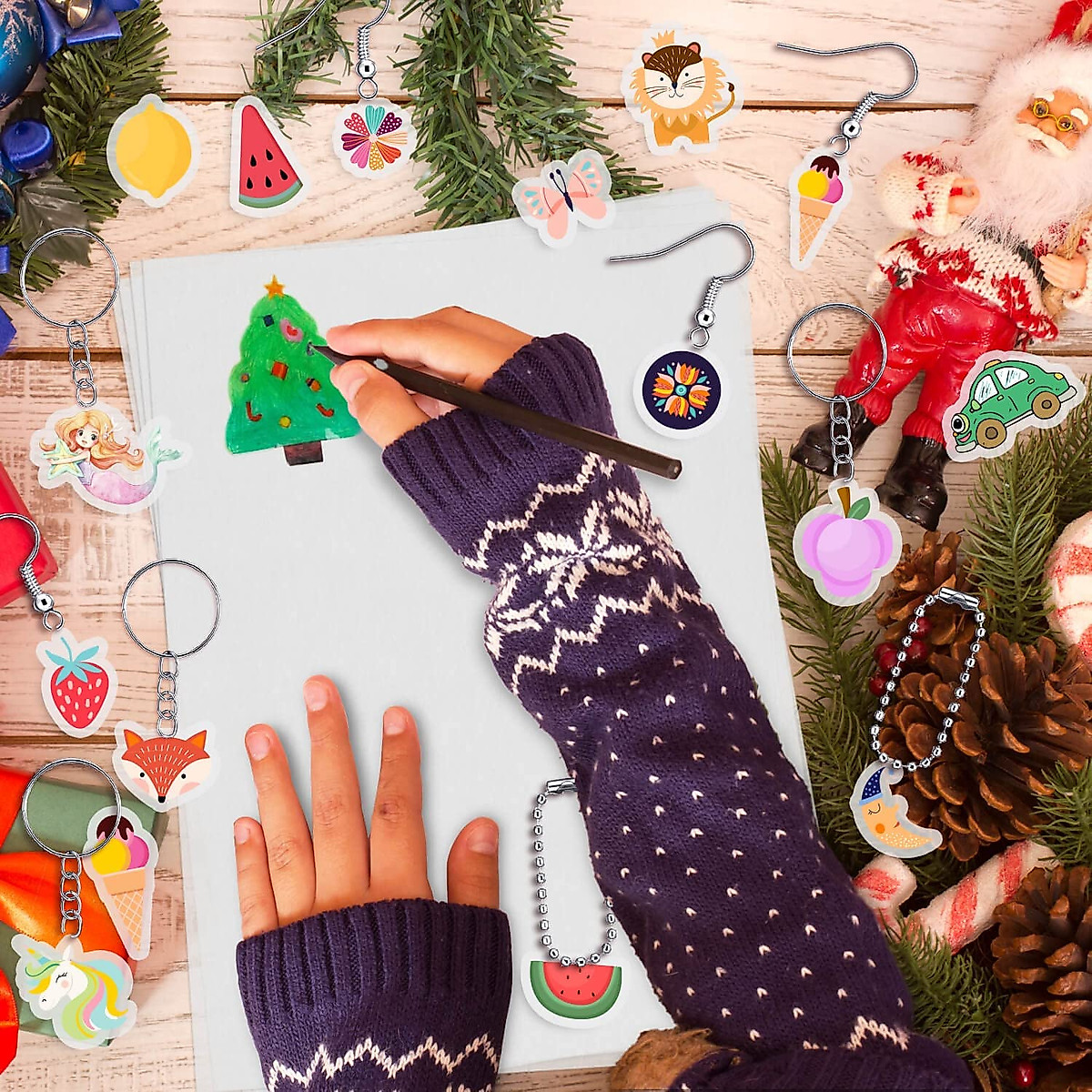 Christmas Shrink Plastic Sheet Kit, for Kids Creative Craft and DIY Ornaments ( 32 Pcs Shrinky Paper with 125 Pcs Keychains Accessories Included