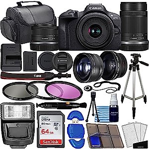 Canon EOS R100 Mirrorless Camera with 18-45mm and 55-210mm Lenses Kit + Wide Angle Lens + Telephoto Lens + 64GB Memory Card + 3pc Filter Kit + Case + Flash + Tripod + More (37pc Bundle)