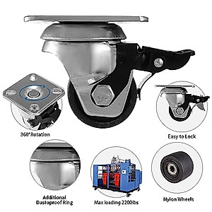 2 Inch Casters Wheels, Heavy Duty Casters Set of 4, Low Gravity Center Industrial Grade Casters with Brake 2200 LBS, No Noise Locking Plate Swivel Casters, Durable Nylon Wheels for Machine, Equipment