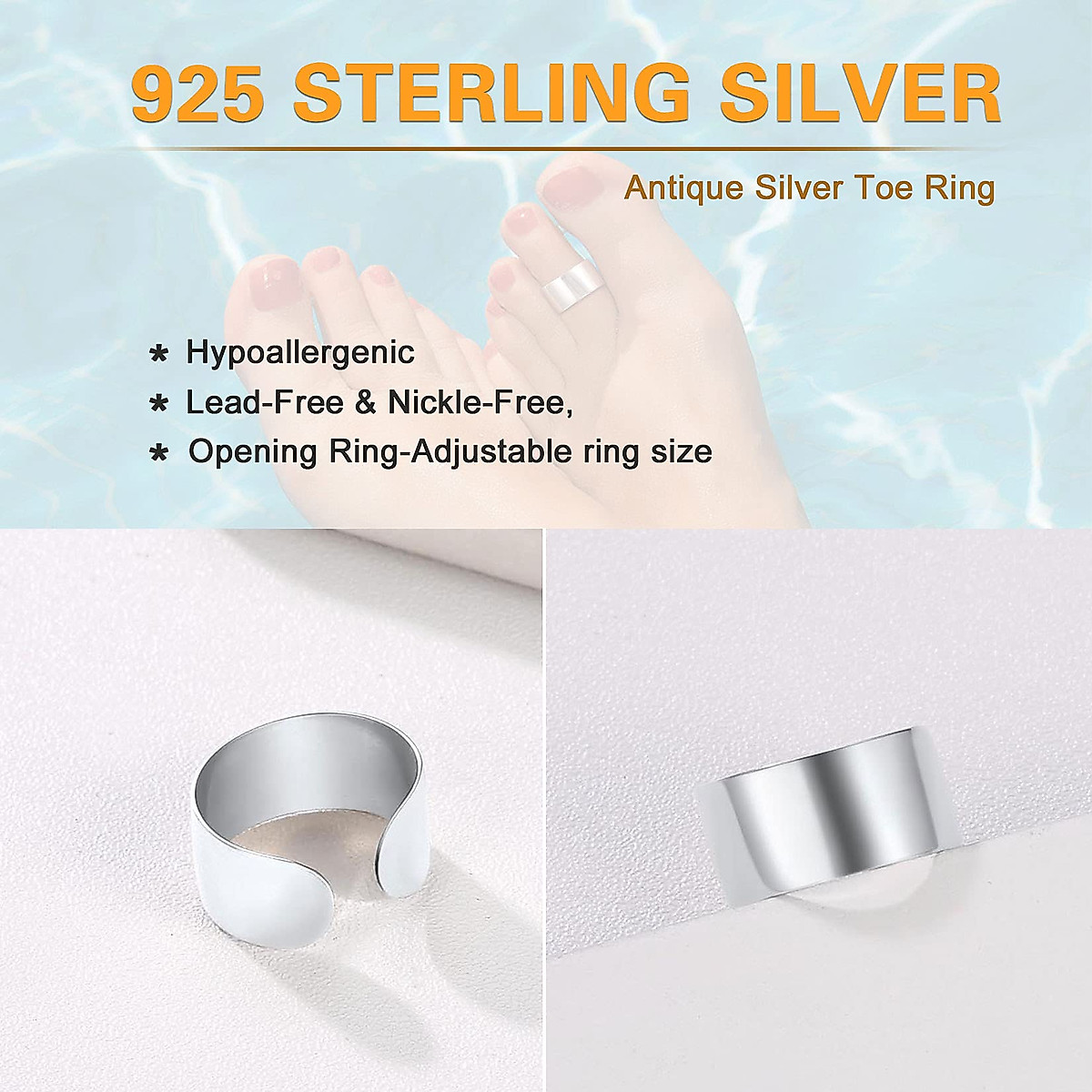 Toe Rings for Women 925 Sterling Silver Hypoallergenic Adjustable Simple 8mm Band Ring for Foot Toe Ring Size Range from 2 3 4 5 6