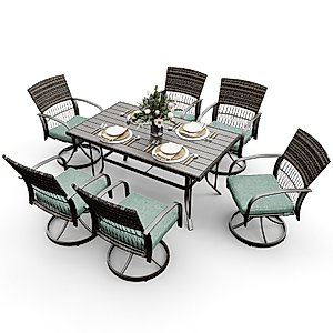 Pamapic 7 Piece Patio Dining Set for 6,Wicker Outdoor Furniture Set for Backyard Garden Deck Poolside with Iron Slats Table Top,6 Cushions Swivel Rocker Chairs,Removable Cushions(Green)
