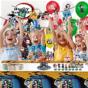 demon party supplies,birthday party decorations,including banners,balloons,cake toppers,backdrops,spiral hangings,tablecloths,fork,spoon,Knife.