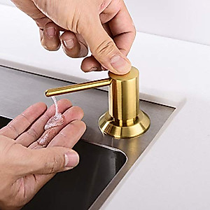 KMEINO Gold Soap Dispenser, Built in Undermount Soap Dispenser Brass Commercial, Brushed Gold Metal Pump Head Liquid Lotion Kitchen Countertop Soap Dispenser with 500ml PP Bottle