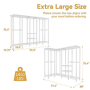 Higeego H5 Extra Large Heavy Duty Clothes Rack, Wire Garment Rack,Large Wardrobe Closet, Freestanding Closet Rack for Hanging Clothes, Clothing Rack with Adjustable Shelf, 93.3" Lx15.7 Wx75.4 H,White