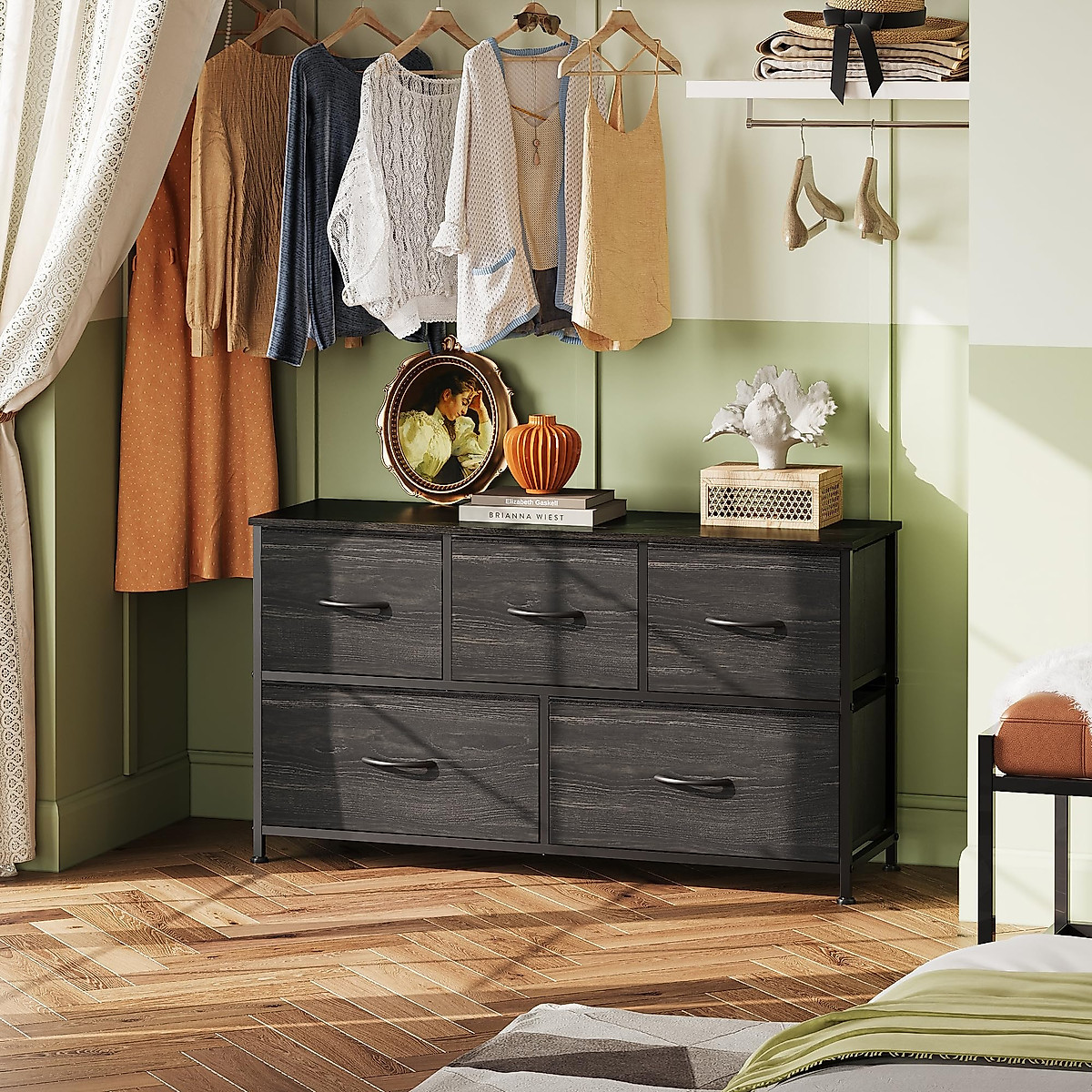 WLIVE Dresser for Bedroom with 5 Drawers, Wide Chest of Drawers, Fabric Dresser, Storage Organizer Unit with Fabric Bins for Closet, Living Room, Hallway, Charcoal Black Wood Grain Print