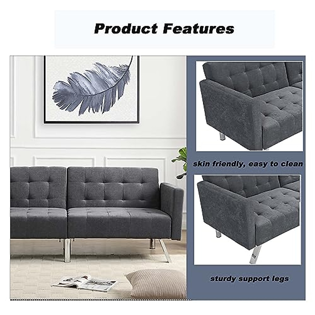 Sofa Bed with Convertible Folding Function, Lounge Couch Loveseat with 3 Adjustable Positions, Sturdy Metal Legs Support, Sleeper Sofa for Living Room Bedroom Apartment Reading Room (Dark Gray)
