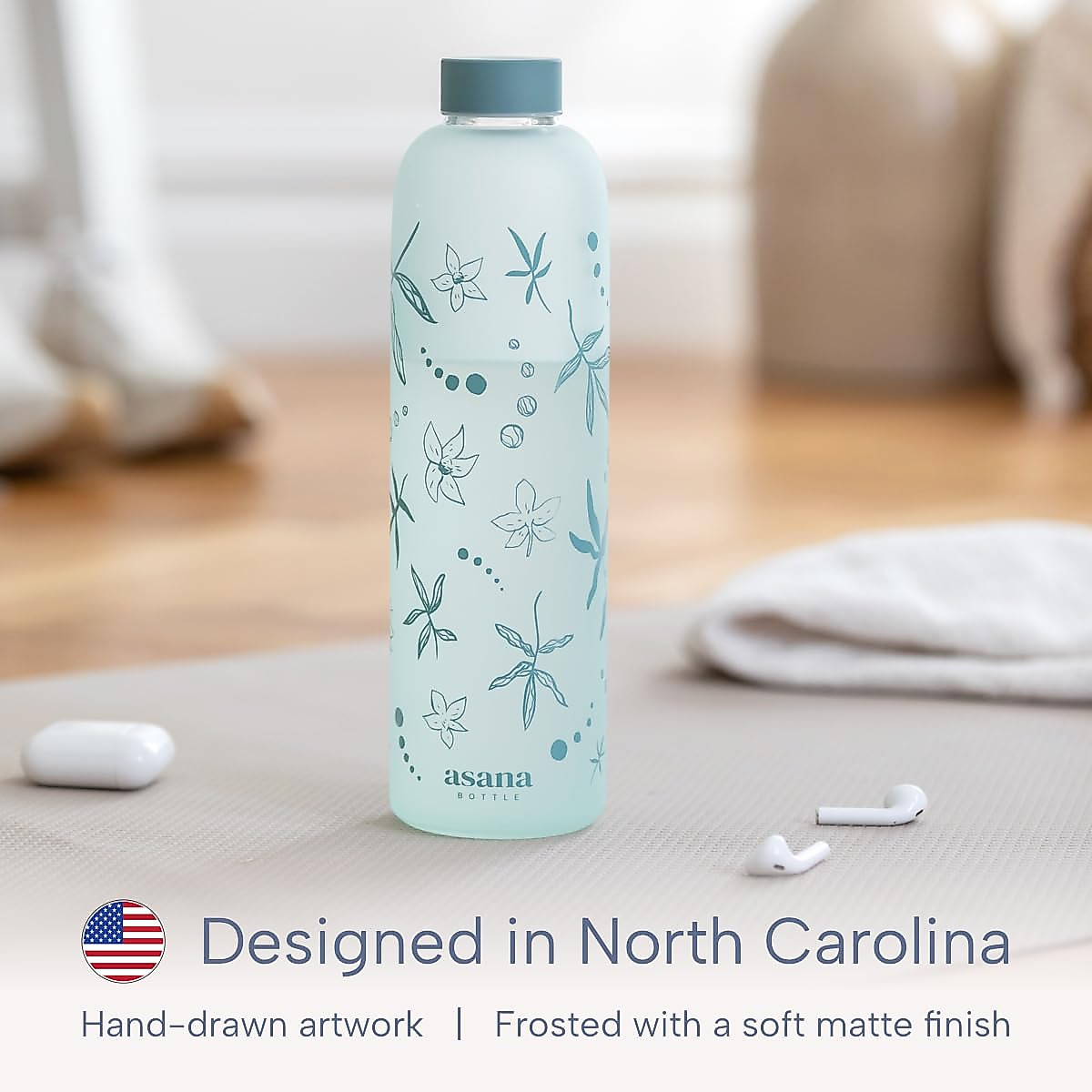 Asana Bottle 32 oz Glass Water Bottle with Time Marker, BPA Free Borosilicate Glass, Premium Leakproof Reusable Water Bottle with Times to Drink (Sage Serenity)