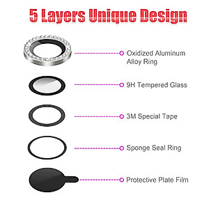 AGVEE 3+3 for iPhone 14 6.1" / 14 Plus 6.7" Camera Lens Protector, Bling Diamond & Bling Glitter Metal Ring 9H Tempered HD Glass Camera Protector Cover Film, Bling-Silver