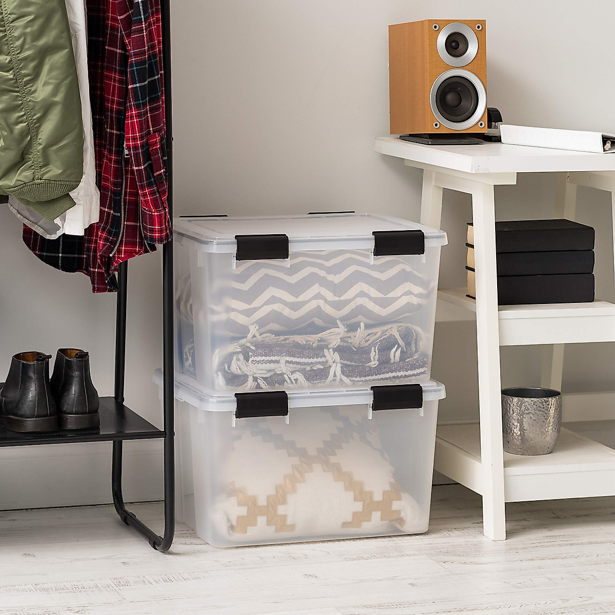 IRIS USA WEATHERPRO 47 Quart Stackable Storage Box with Airtight Gasket Seal Lid, Heavy Duty Containers with Tight Latches, Weather proof Bins for Closet Basement Attic, 2 Pack - Clear/Black