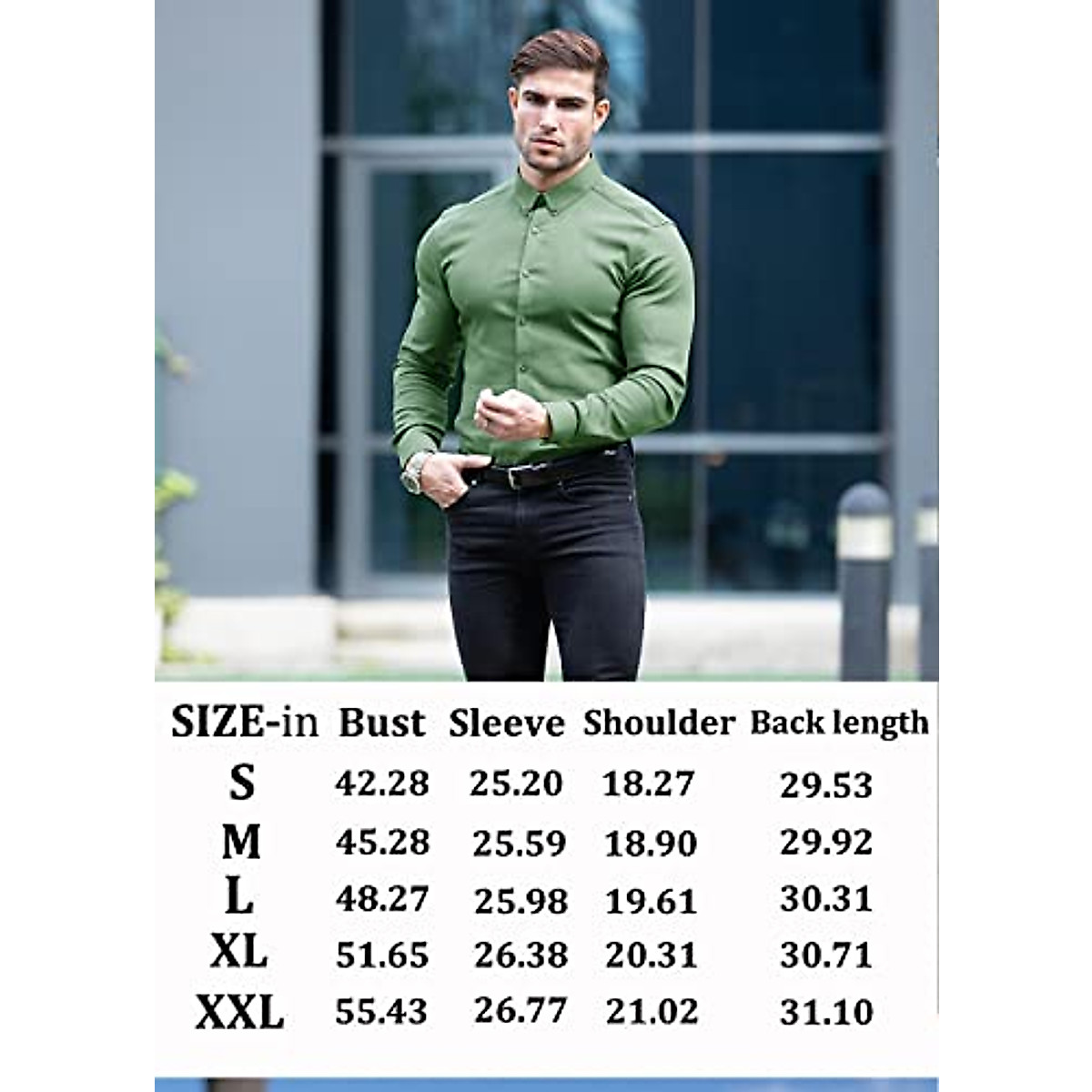 URRU Men's Muscle Dress Shirts Slim Fit Stretch Long Sleeve Casual Button Down Shirt Light Army Green L