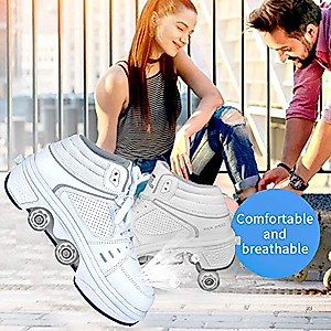 LDTXH Automatic Walking Shoes Invisible Roller Skate, 2-in-1 Parkour Shoes/Inline Roller Skating Shoes, Double-Row Quad Roller Skates Outdoor Sports Kick Rollershoes,White with Light,7.5