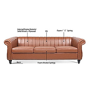 NewCosmos 83.46" Brown PU Rolled Arm Chesterfield Three Seater Sofa.