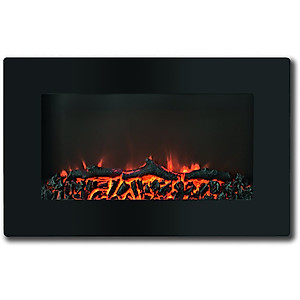 Hanover Fireside 30'' Black Wall Mounted Electric Fireplace with Driftwood Log Display and Realistic Flame, Modern Wall Fireplace Heater with Remote Control for Home, Living Room, Office