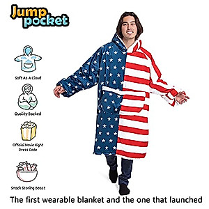 Jump Pocket Blanket Hoodie | Oversized Microfiber & Sherpa Wearable Blankets| Adult & Kids Size (Stars & Stripes)