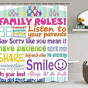 Ikfashoni 4Pcs Family Rules Shower Curtain Set with Non-Slip Rugs, Toilet Lid Cover and Bath Mat, Kids Educational Shower Curtain with 12 Hooks, Durable Waterproof Fabric Shower Curtain for Bathroom