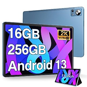 DMOAO 11 inch Android 13 Tablet 16GB+256GB Tablets with 1TB Expand, Octa-Core 2000 * 1200 2K FHD Display 13MP Camera, 8600mAh, Quad Speakers, 5G WiFi, Split Screen Support (Blue with Case)