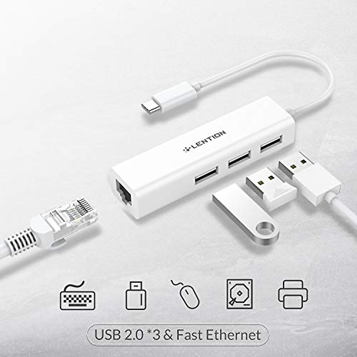 LENTION USB C to 3 USB 2.0 Ports Hub with RJ45 Ethernet LAN Adapter Compatible 2020-2016 MacBook Pro 13/15/16, New Mac Air, MacBook 12, Surface Pro 7/Book 2/Go, Chromebook, More (CB-UC2.0, White)