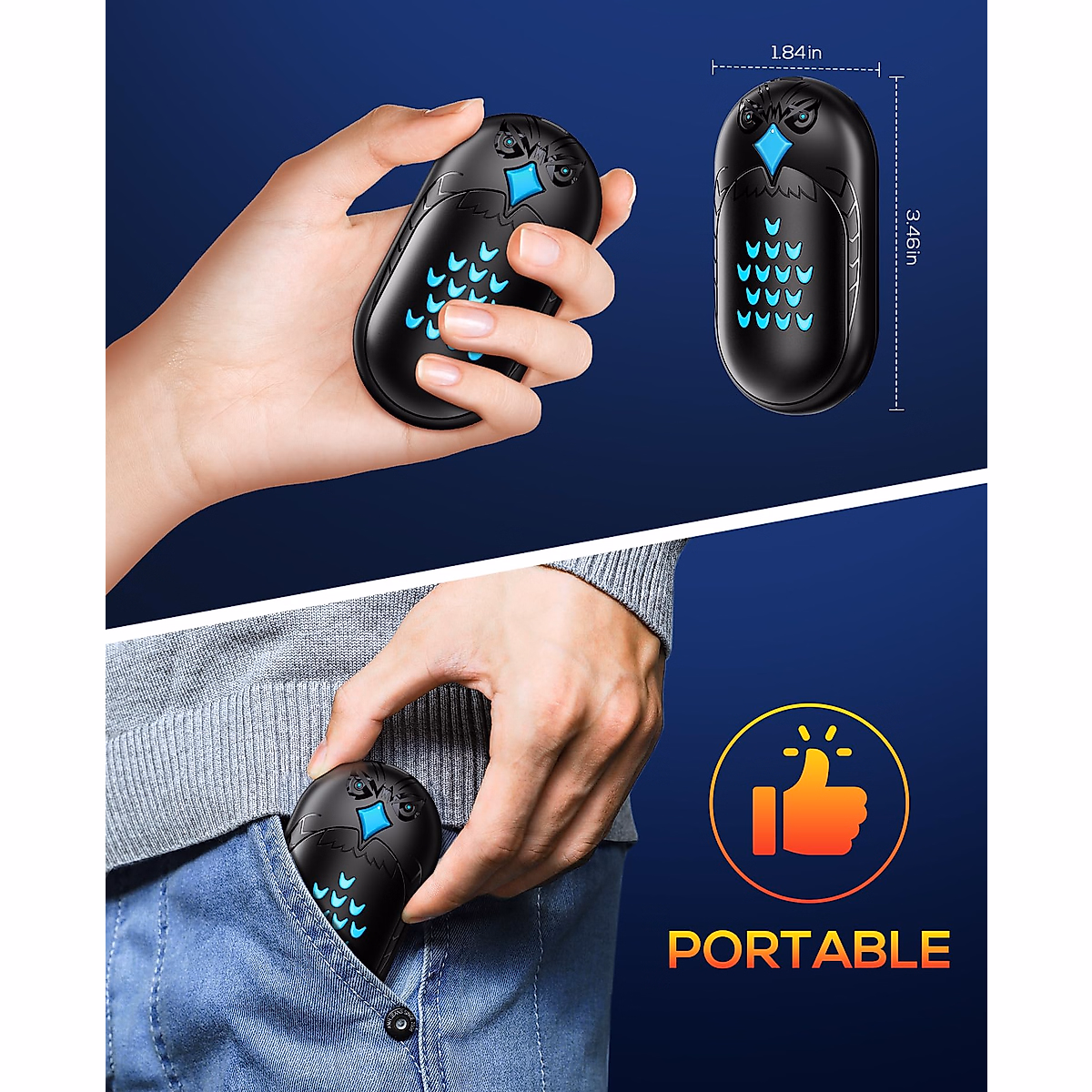 Hand Warmers Rechargeable, 2 Pack 6000mAh Electric Portable Heater, 20 Hrs Long Heating Hot Pockets Hand Warmer, Hunting Gear, Gifts for Women, Men, Raynauds, Camping, Golf, Outdoors (Black Pro)