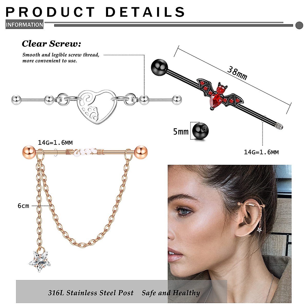 Sanfenly Industrial Piercing Jewelry 14G Stainless Steel Industrial Barbell Earrings with Chain Dangle Industrial Bar Piercing Cartilage Helix Industrial Earrings for Women Men