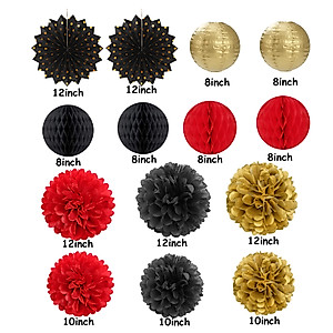 Red-Black Gold Party Decorations Streamers Lanterns - 14pcs Casino-Theme Graduation 2024 Paper Fan,Game Night Wedding Birthday Baby Bridal Shower Tissue Pom Poms,Honeycomb Balls Decor Ouruola