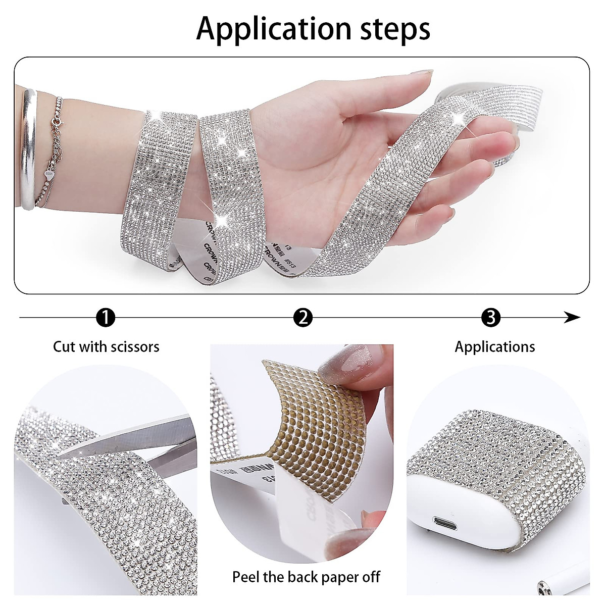 3 Rolls 6.6 Yards Self-Adhesive Crystal Rhinestone Diamond Ribbon - DIY Diamond Ribbon Stickers with 2 mm Rhinestones for Arts Crafts ,Bling Silver Ribbon Rolls for Phone,Car Decoration(Silver)