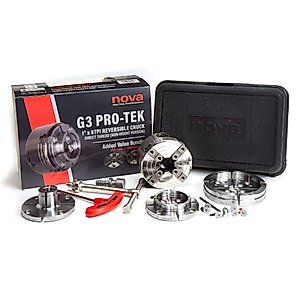 NOVA 48293 PREMIER PRO-TEK G3 CHUCK Bundle with 2" PRO-TEK Jaw Set, JSPIN 1" Pin Jaw Set, JS100N 4" Bowl Jaw Set, Woodworm Screw & Storage Case. 1"x 8 TPI Only (Does Not Use Inserts)