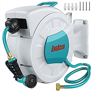 ENEACRO Retractable Garden Hose Reel with Wall Mount 1/2"×100ft with 9 Pattern Hose Nozzle, Brass Connector, Auto Rewind/Any Length Lock/ 180° Swivel Bracket, Ideal for Garden Watering