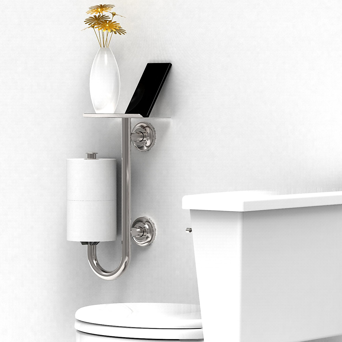 AquaChase 3-in-1 Toilet Safety Grab Bar with Built-in Tissue Paper Holder and Phone Shelf, for 2 Mega Rolls, 250lbs Weight Support When Mounted in Stud, Brushed Nickel Right-Hand