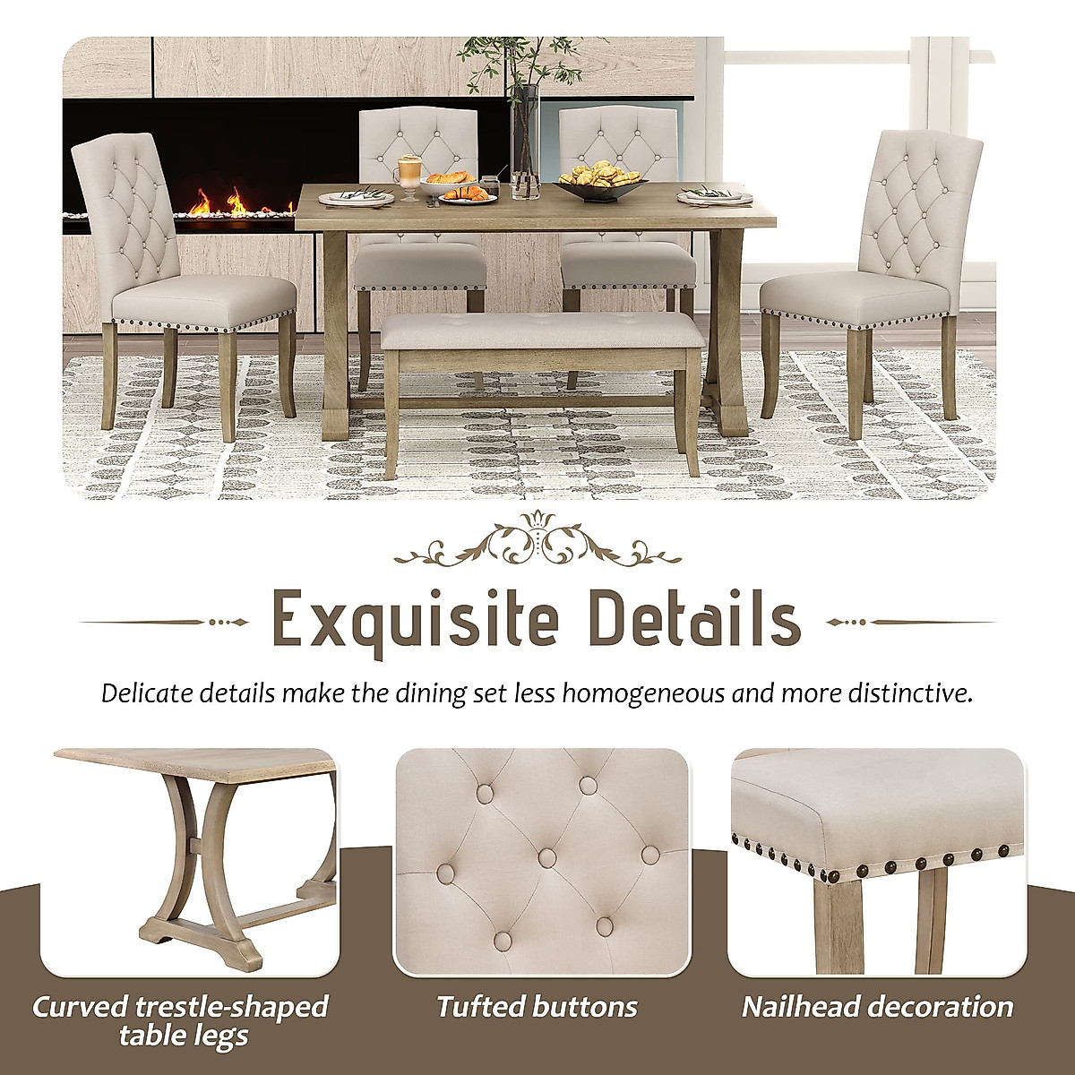 Merax Dining Table Set, 6-Piece Farmhouse Dining Room Set, Rectangular Trestle Table and 4 Upholstered Chairs & Bench for Dining Room, Natural Wood Wash