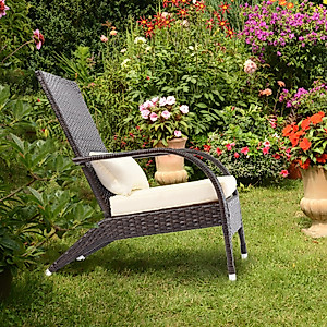 Adirondack Chairs Set 2 Outdoor Wicker Rattan Fire Pit Chairs Oversized Comfy Relax Accent Patio Chairs with Soft Cushion Low Deep Seating Tall Curved Backrest for Outside Backyard Deck Porch Cream