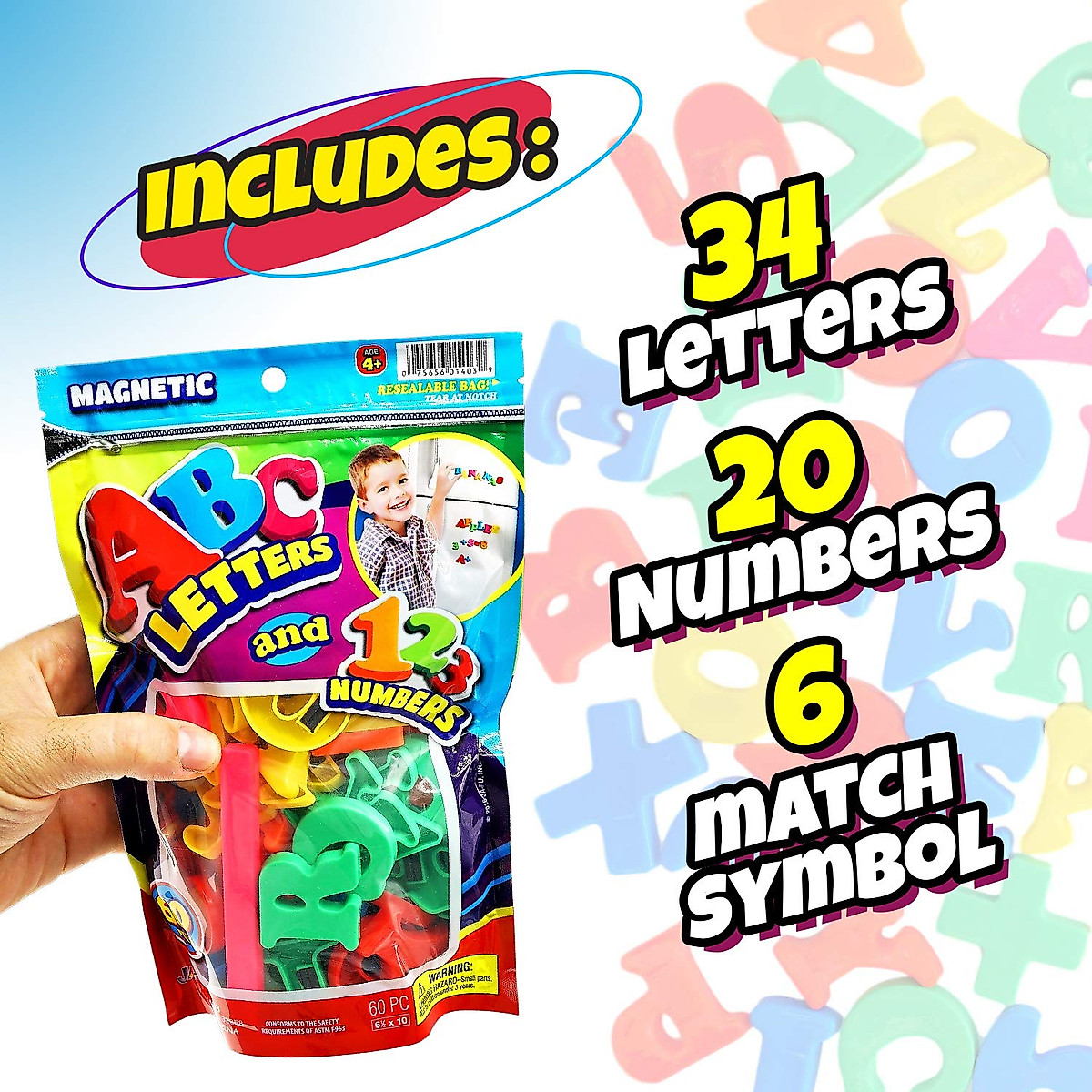JA-RU ABC Magnetic Letters & Numbers (12 Bags) Colorful Plastic Letters Uppercase & Numbers Refrigerator Magnets for Kids. Educational Learning Toys Preschool Math & Alphabet. Classroom Toys. 1403-12p