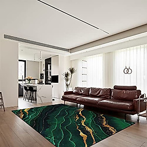 Nordic Modern Jade Green Marble Area Rug, Luxury Green Wave Gold Texture Living Room Rugs, Non Slip Machine Washable Easy Care Carpet for Indoor Bedroom Study Apartment Home Decor - 5.3 ft x 6.6 ft