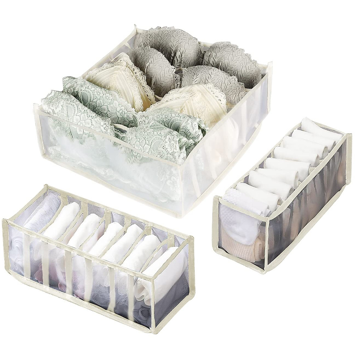 AmasSmile Wardrobe Clothes Organizer, 7 grids Washable Clear Mesh Closet Organizers and Storage Bins Drawer Dividers for Underwear，Bra, Underpants, Socks(3PCS BEIGE)
