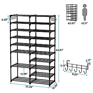 Tribesigns Shoe Rack Organizer, 36-44 Pairs Storage Shelf, 10 Tiers Stand, for Closet, Boot Organizer with 2 Hooks, Stackable Tower