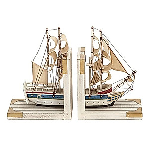 Deco 79 Wood Sail Boat Bookends with Real Boat Rigging, Set of 2 6"W, 9"H, White