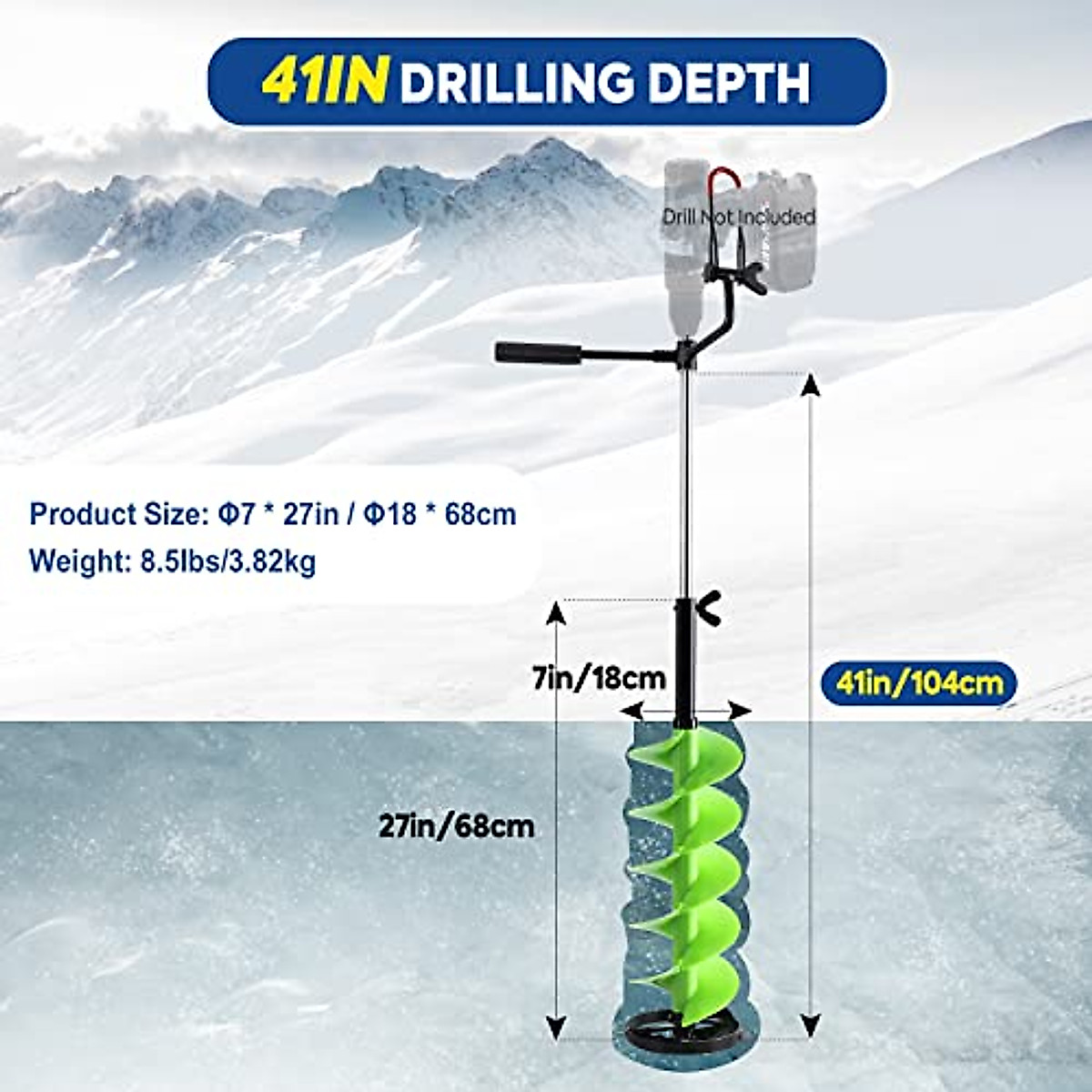 Goture Ice Drill Auger, 7" Diameter Nylon Ice Auger, 41" Length Ice Auger Bit,Auger Drill with 19.6" Extension Rod,Auger Bit with Ice Spoon,Handbag for Ice Fishing