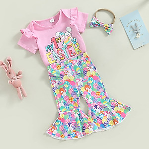 My 1st Easter Baby Girl Outfits Short Sleeve Bunny Romper Shirt Easter Egg Bell-Bottom Pants Headbands 3Pcs Sets (Pink, 0-3 Months)
