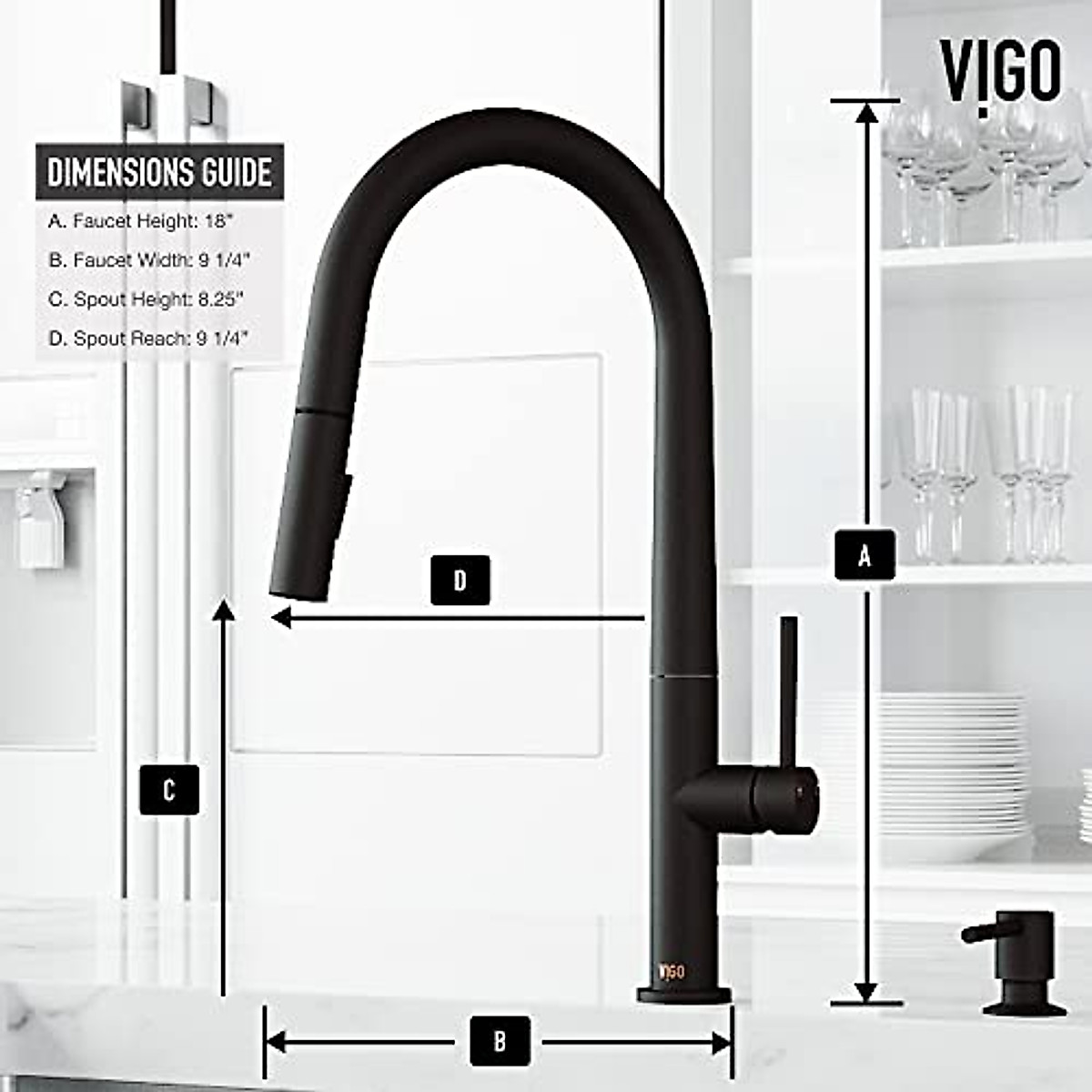 VIGO Greenwich Matte Black Kitchen Faucet with Pull-Down Sprayer | Solid Brass Faucet for Kitchen Sink with Bolton Soap Dispenser | Single-Handle Kitchen Sink Faucet with Swivel Sink Sprayer