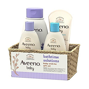 Aveeno Baby Mommy & Me Daily Bathtime Gift Set Including Baby Wash & Shampoo, Calming Baby Bath & Wash, Baby Moisturizing Lotion & Stress Relief Body Wash for Mom, Soap-Free, 4 Items