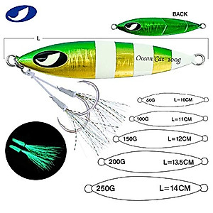 OCEAN CAT Slow Pitch Jig Combo Flat Fall Jigs Vertical Jigging Fishing Lures with Jig Hook for Saltwater Fishing 100G/150G/200G/250G (150g, Each Color 1 pc(All 5 pcs))