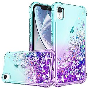 Gritup iPhone XR Case, iPhone XR Phone Case 6.1 inch with HD Screen Protector for Girls Women, Cute Clear Gradient Glitter Liquid TPU Slim Phone Case for iPhone XR Teal/Purple