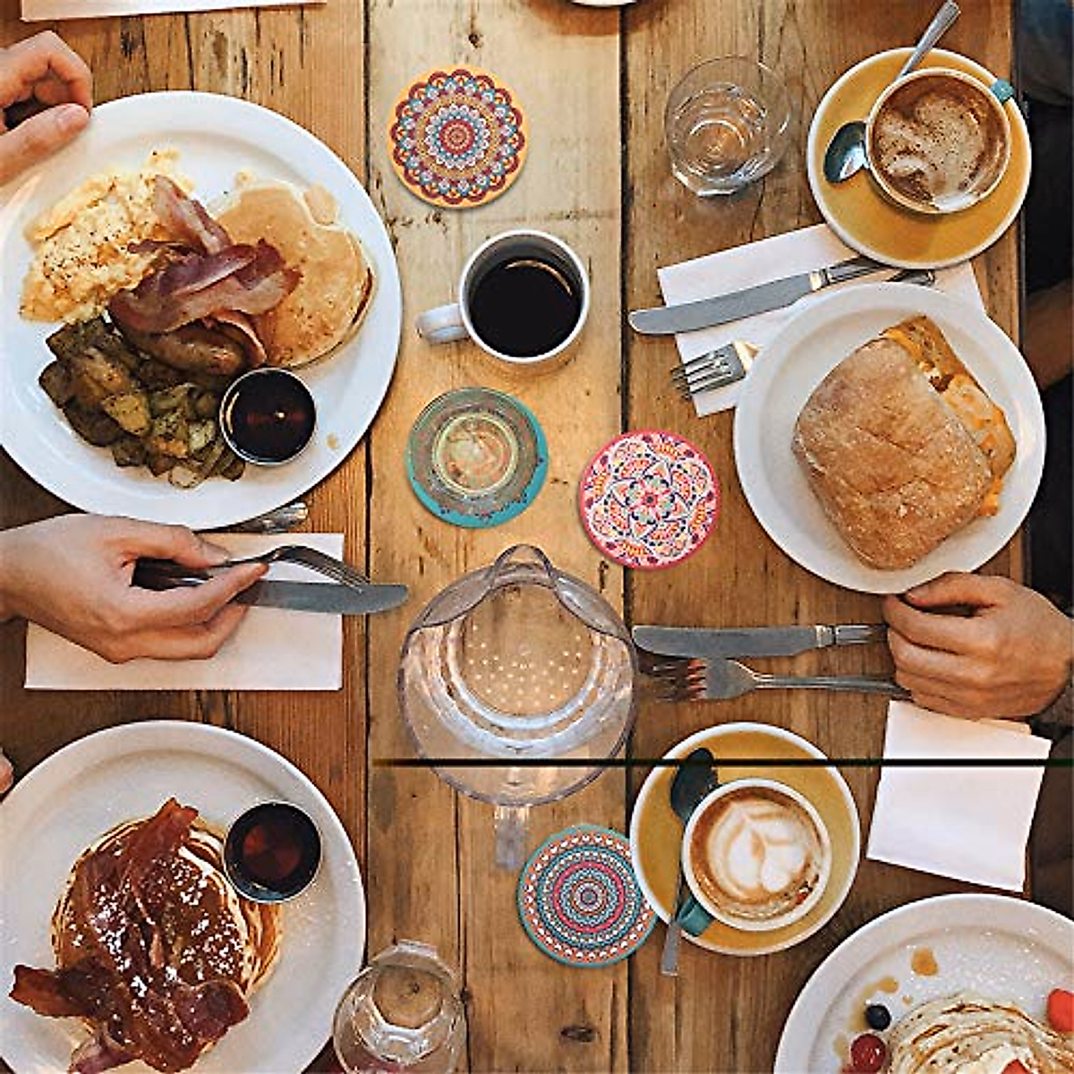 CHEFBEE Set of 8 Coaster for Drinks Absorbent Mandala Ceramic Coasters with Cork Base, Metal Holder, Stone Coasters Set Perfect for Wooden Table, Housewarming, Home and Dining Room Decor