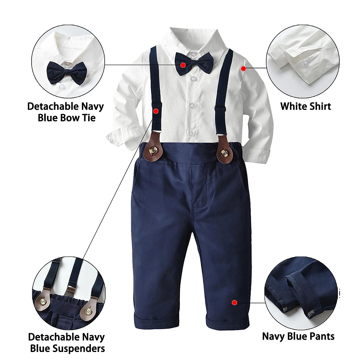 SANGTREE Baby Boys Dress Clothes, Toddlers Boys Long Sleeves Button Down Dress Shirt with Bowtie + Suspender Pants Set Gentlemen Outfit, 1# White, 18-24 Months