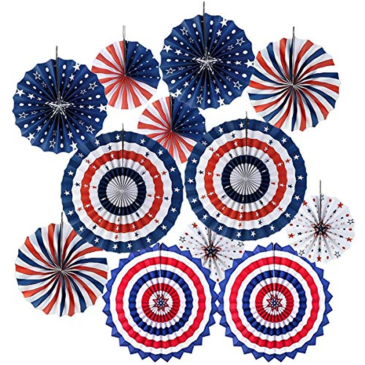 4th/Fourth of July Patriotic Ddecorations -Red White Blue Hanging Paper Fans for American Independence Day Party Decor Supplies(Set of 12)